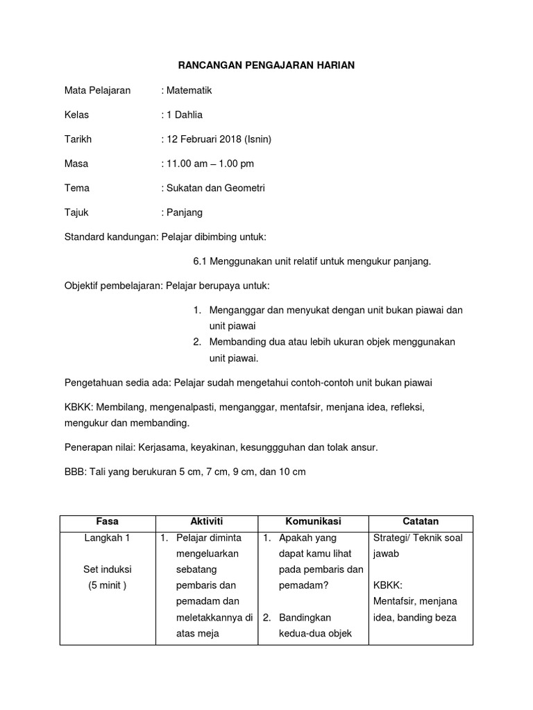 RPH MT Tahun 1 KSSR | PDF