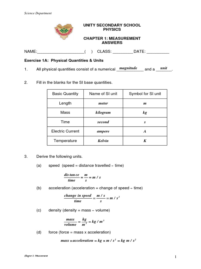 Unity Secondary School Physics Chapter 1: Measurement Answers | PDF ...