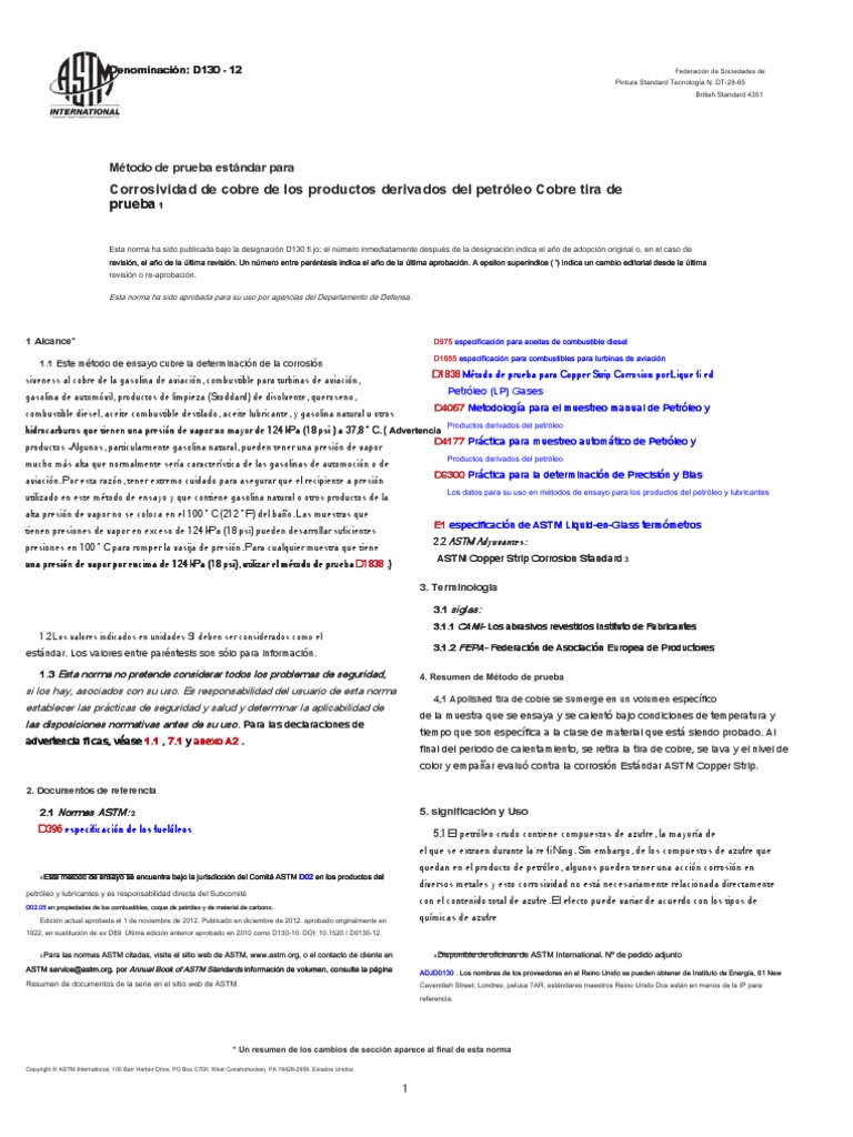 ASTM D130-12 Standard Test Method From Petroleum Products - En.es | PDF ...