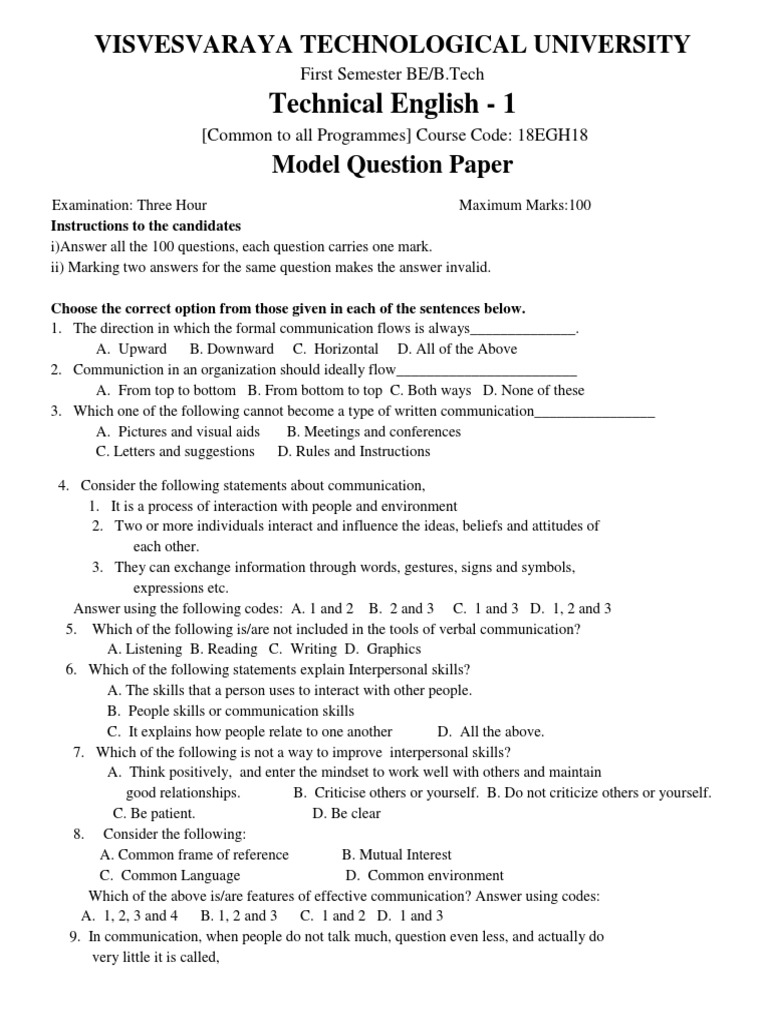 VTU 1st Sem Technical English Model Paper | PDF | Adjective | Adverb