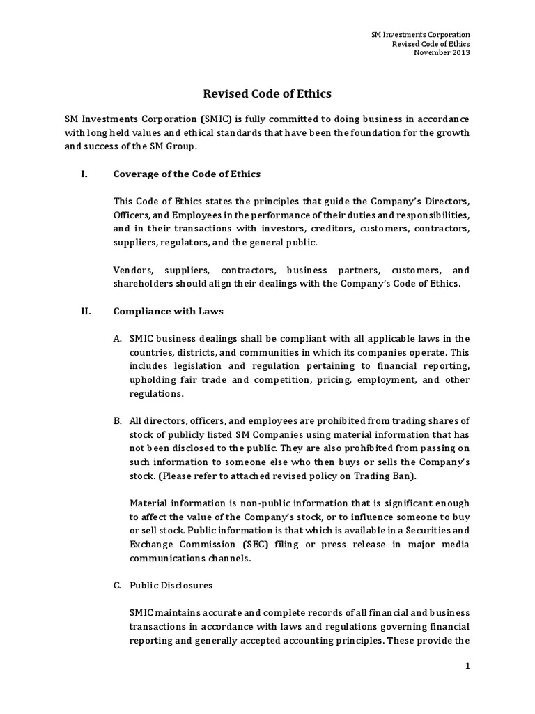 Code of Ethics | PDF | Stocks | Board Of Directors