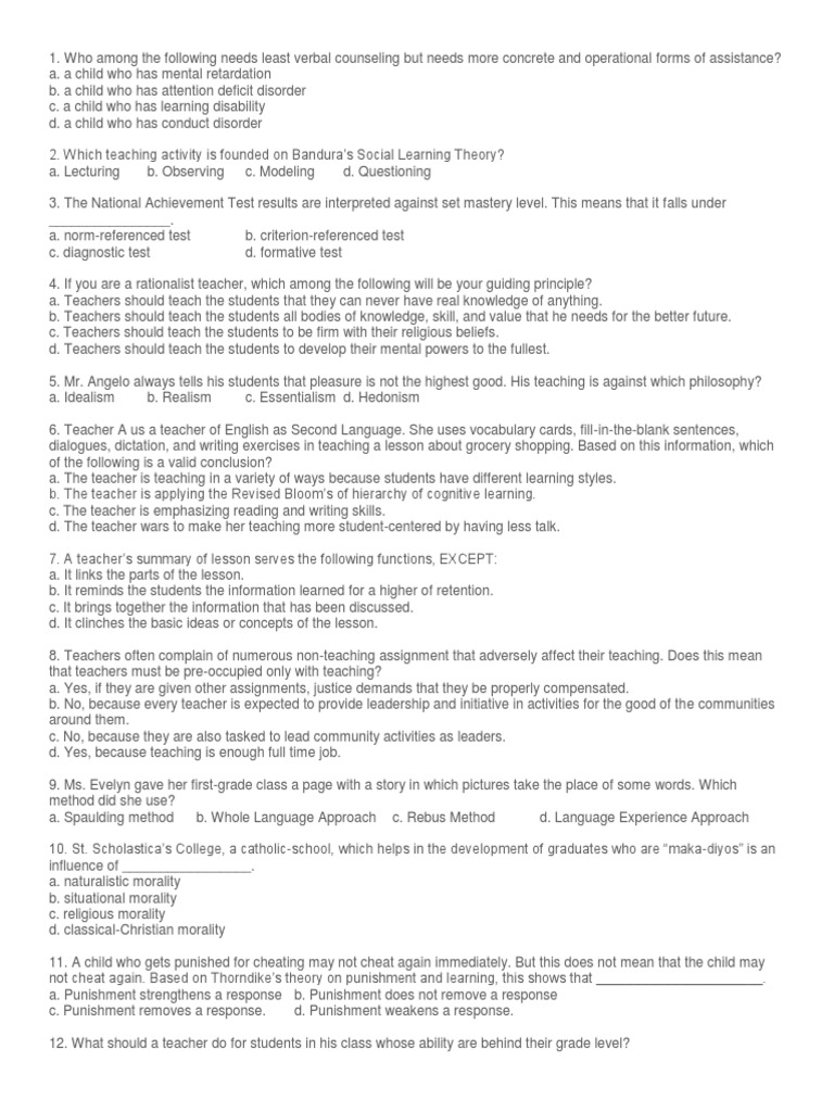 ProfEd - Exam Drill 1 | PDF | Learning Theory (Education) | Teachers