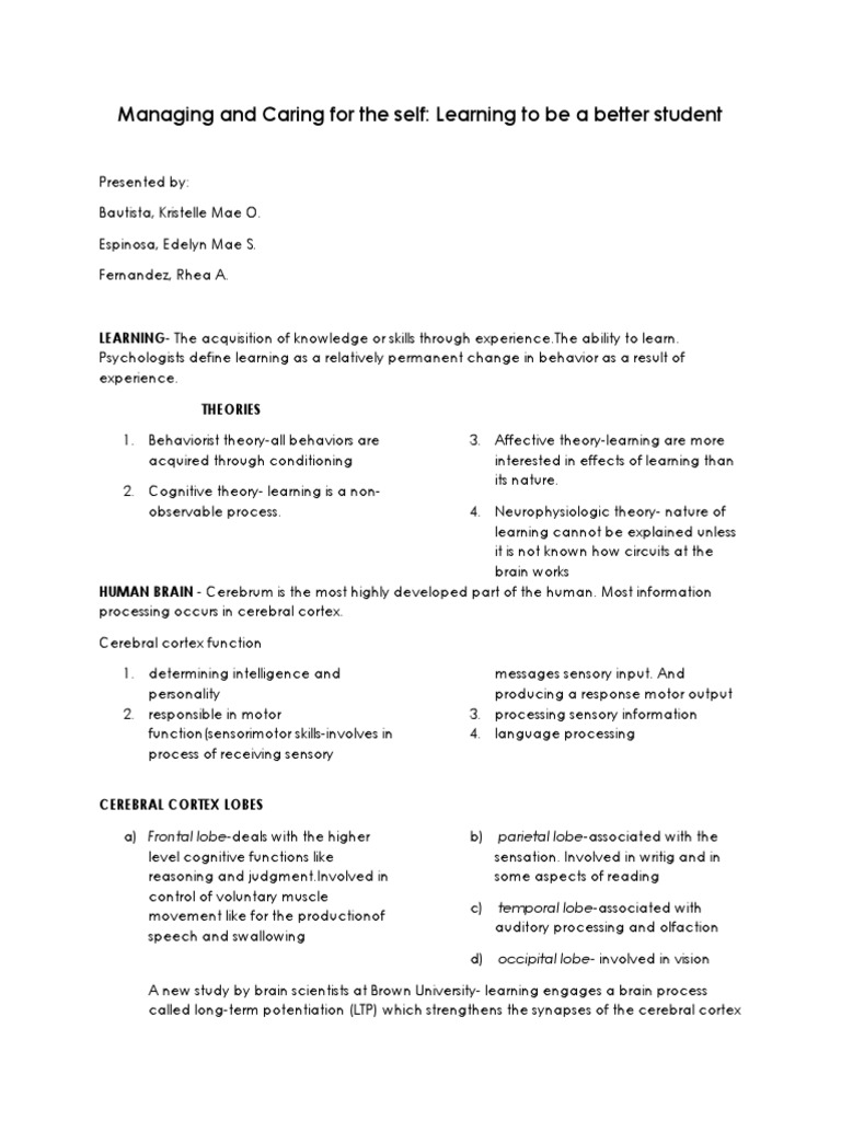 Managing and Caring For The Self: Learning To Be A Better Student | PDF ...