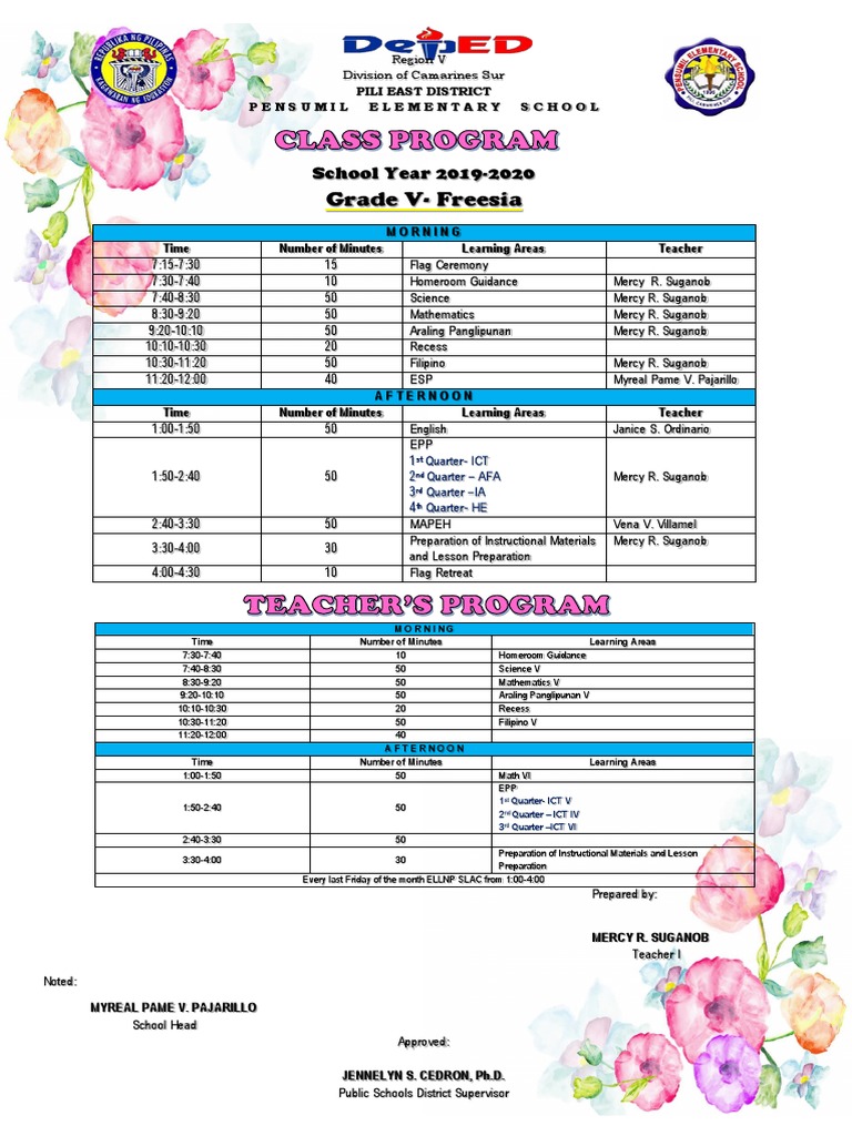 Class Program Grade 5 | PDF | Schools | Learning