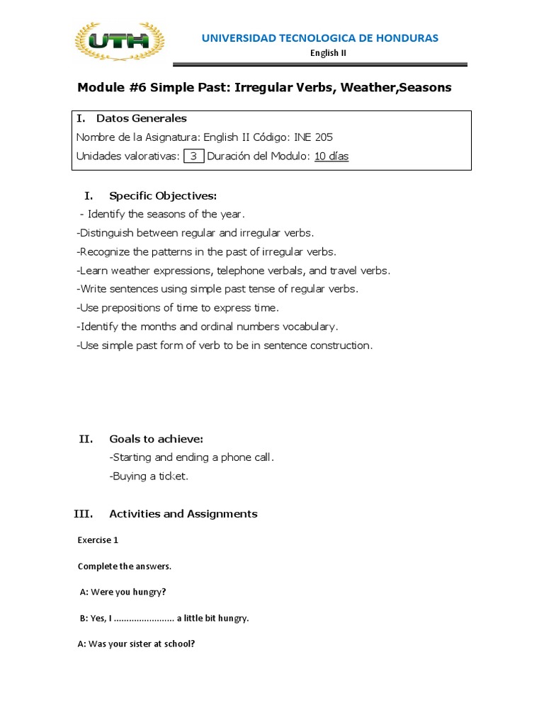 Homework Module 6 Simple Past Irregular Verbs Seasons Weather | PDF ...