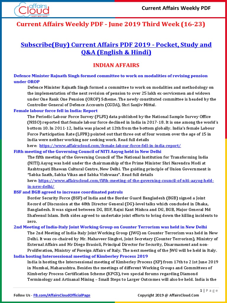 Current Affairs Weekly Pdf June 2019 Third Week 16 23 By