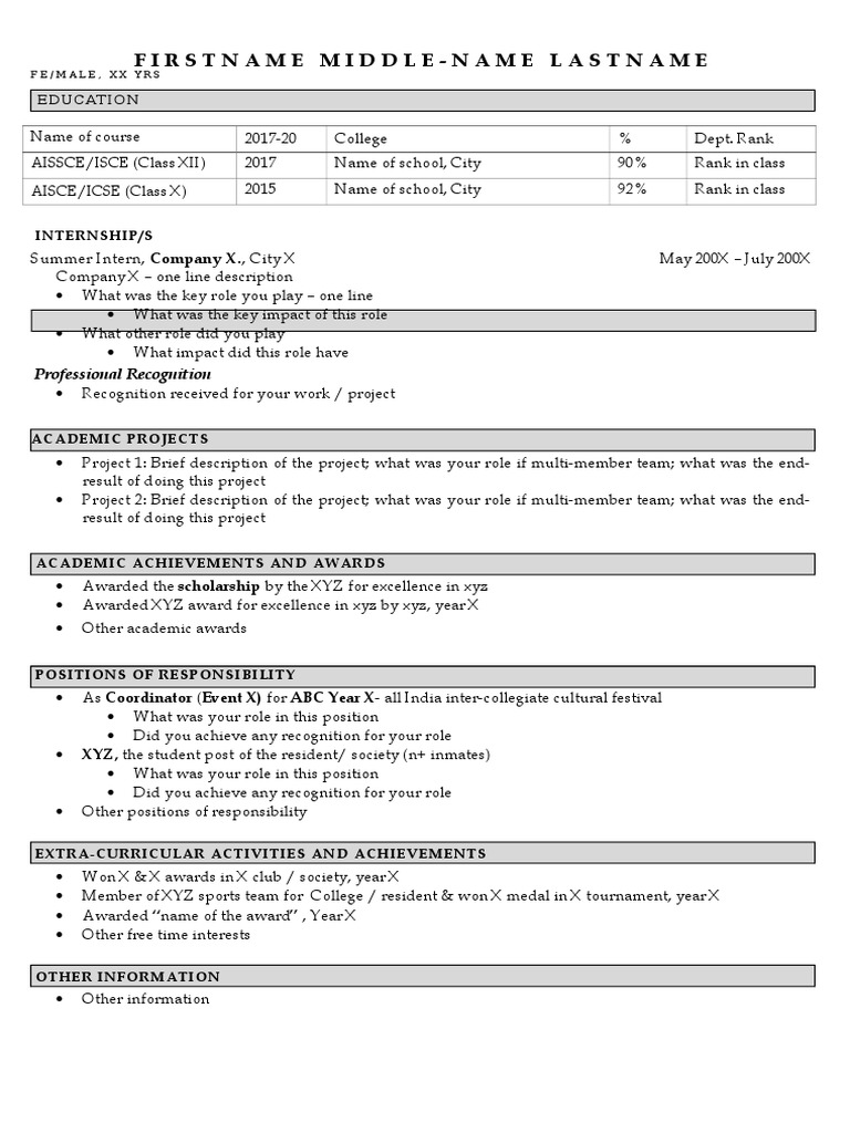2019-20 BCC Sample Resume Format | PDF