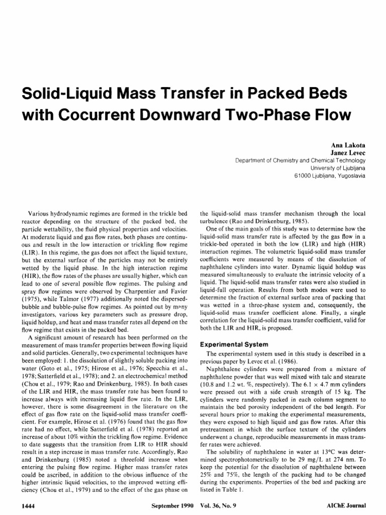 Solid-Liquid Mass Transfer in Packed Beds | Flow Measurement | Fluid ...