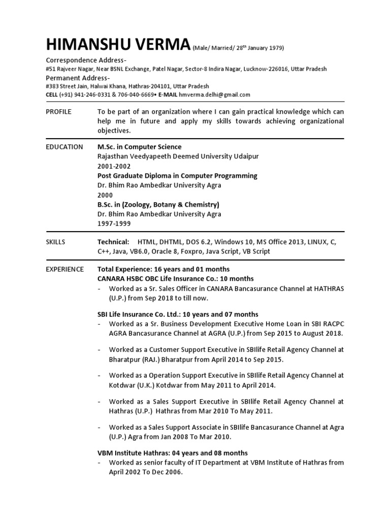 Himanshu Verma: (Male/ Married/ 28 January 1979) | PDF | Software | Computing
