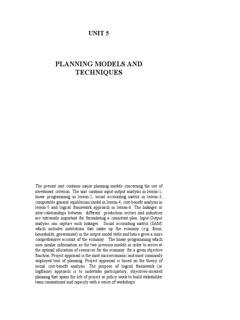 Planning Models and Techniques: Unit 5 | PDF | Input–Output Model | Mathematical Optimization
