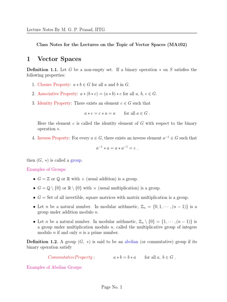 1 Vector Spaces: Closure Property Associative Property Identity Property | PDF | Basis (Linear ...