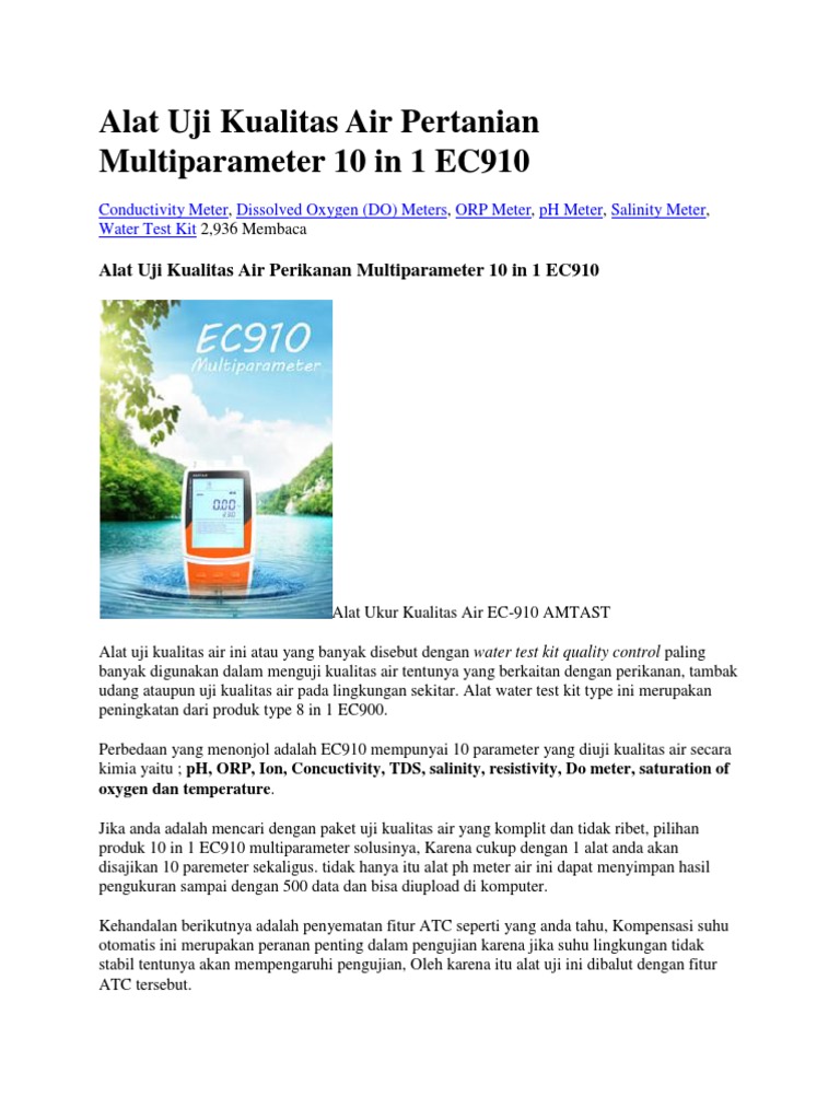 Alat Uji Kualitas Air Pertanian Multiparameter 10 in 1 EC910 | PDF ...