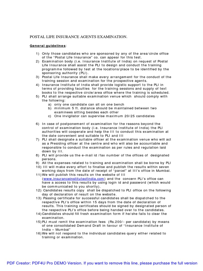 Postal Life Insurance Agents Examination.: General Guidelines | PDF ...