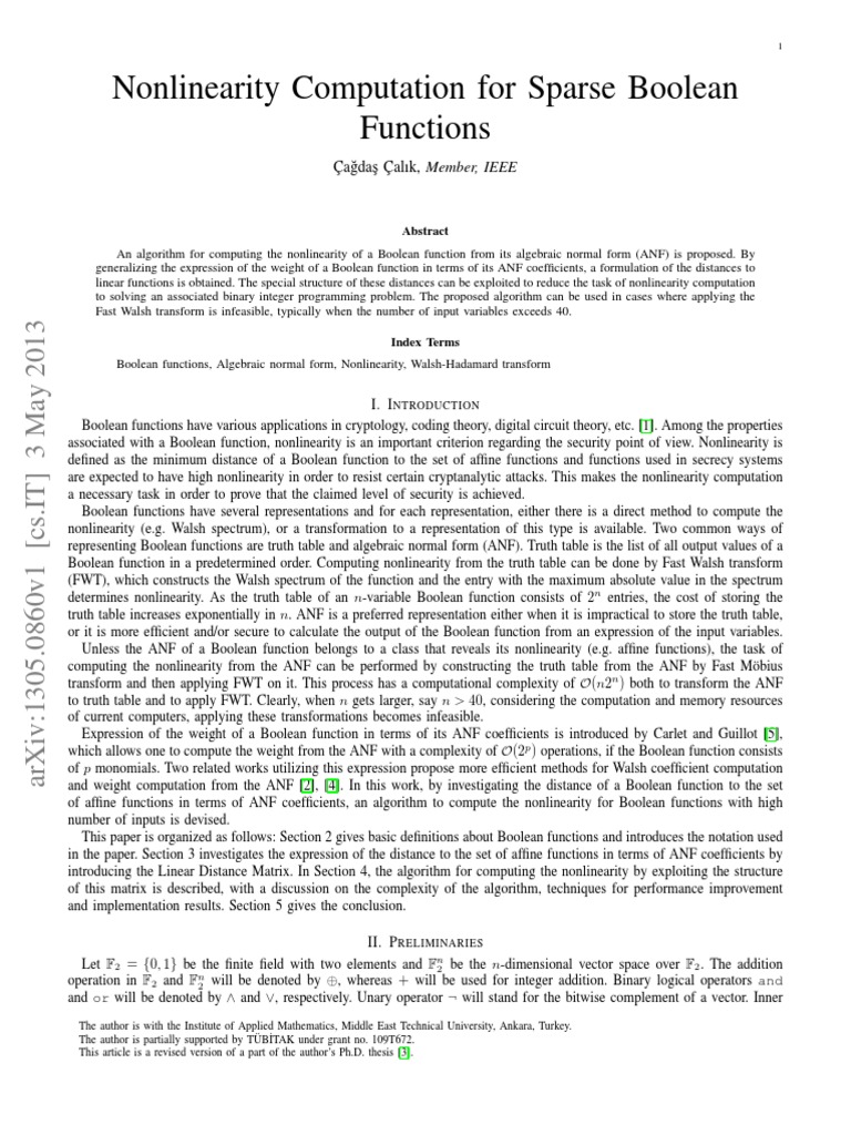 Nonlinearity Computation For Sparse Boolean Functions | PDF | Boolean Algebra | Teaching Mathematics