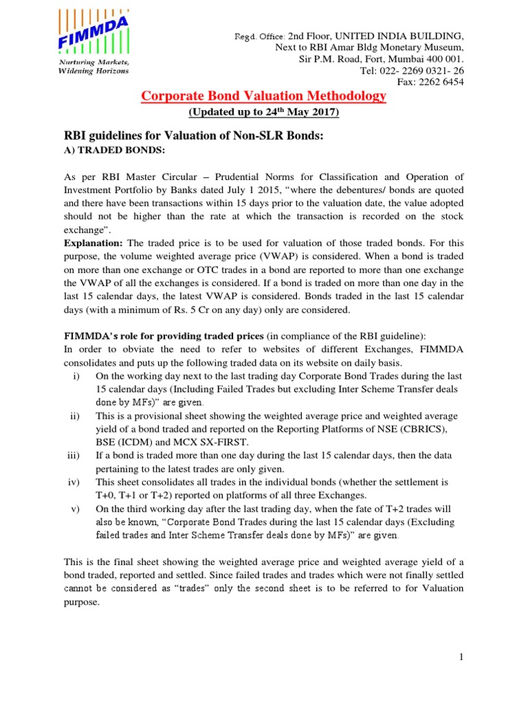 Corporate Bond Valuation Methodology: RBI Guidelines For Valuation of Non-SLR Bonds | PDF ...