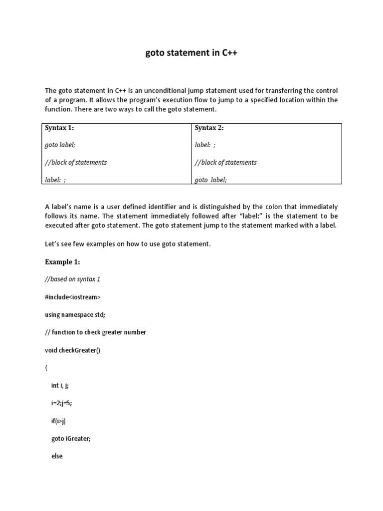 Goto Statement in C++: Syntax 1: Syntax 2 | PDF | Control Flow ...