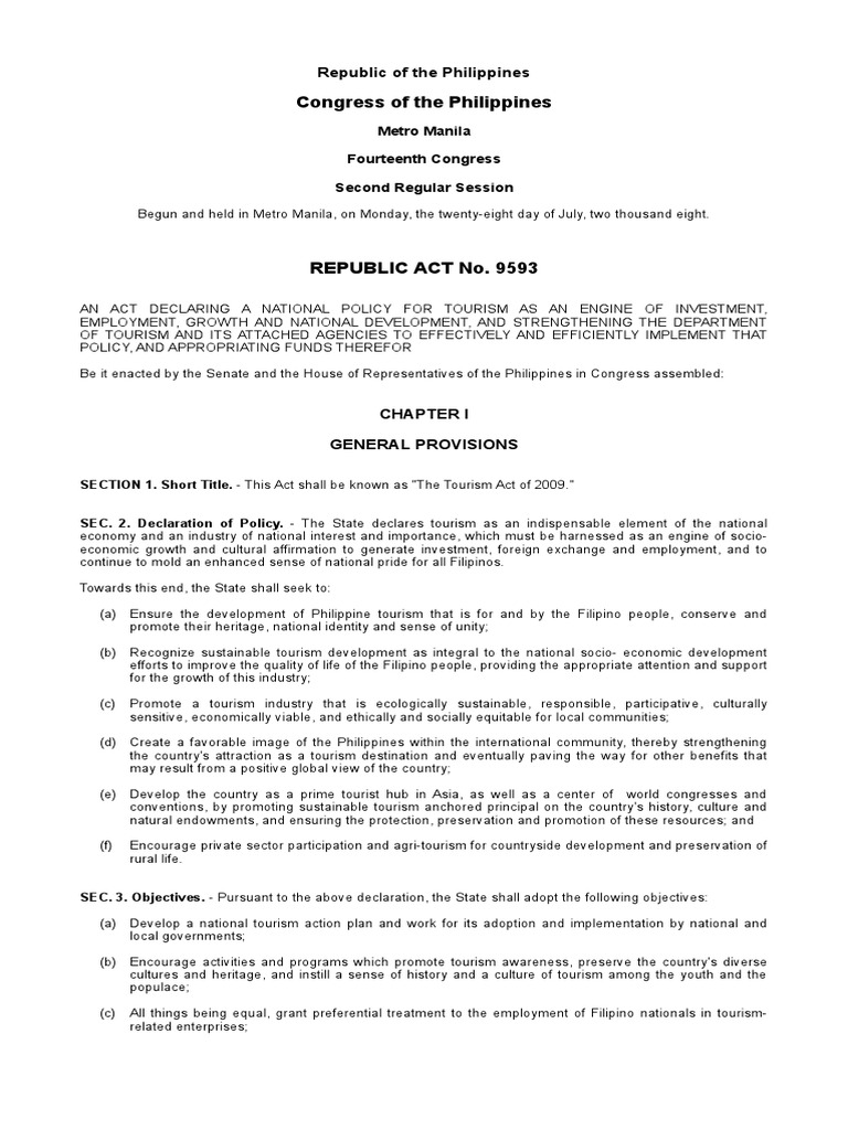 RA 9593 Tourism Act 2009 | PDF | Economic Development | Tourism