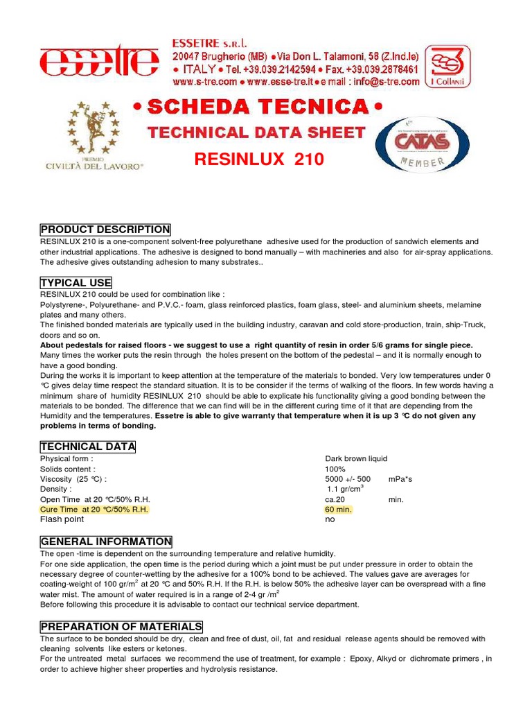 Datadheet RESINLUX 210 Inglese | PDF | Adhesive | Relative Humidity