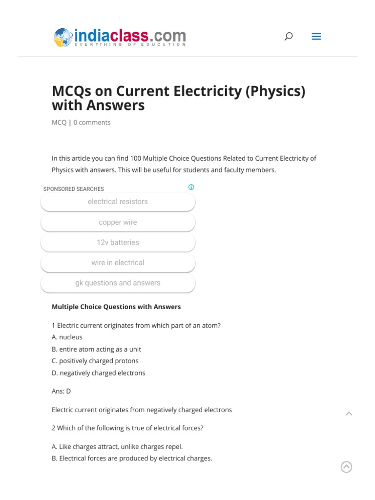 Current Electricity MCQ PDF | PDF | Electric Current | Volt