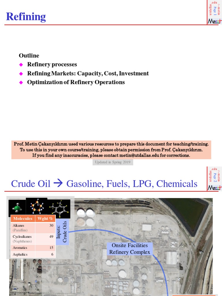 Refining: Outline Refinery Processes Refining Markets: Capacity, Cost ...