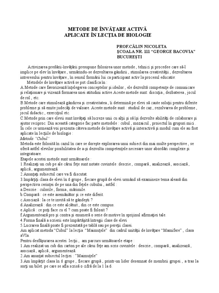 Metode de Invatare Activa Aplicate in Lectia de Biologie | PDF Metode de Invatare Activa Aplicate in Lectia de Biologie | PDF