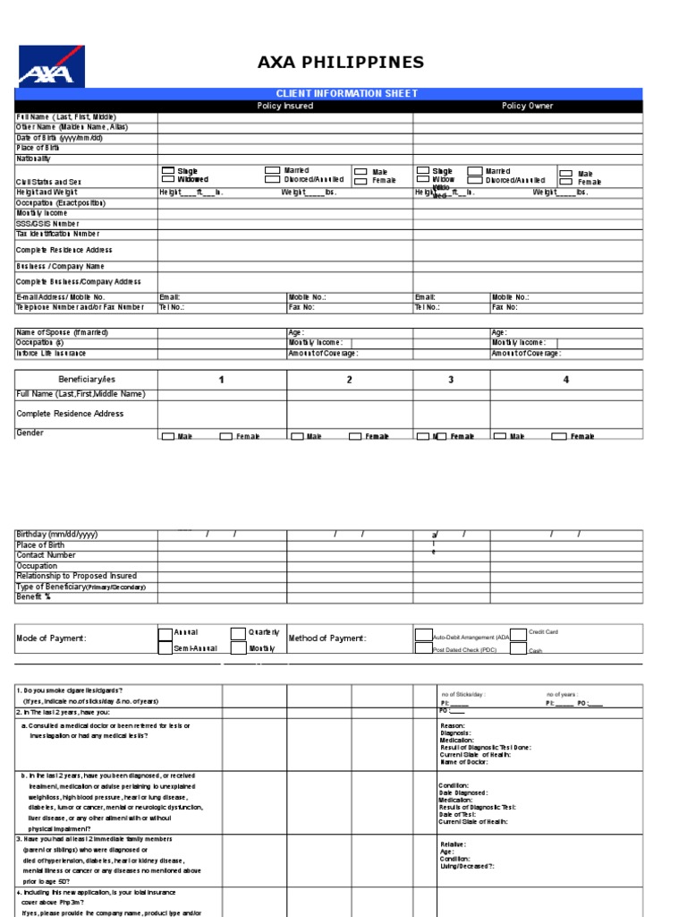 AXA WM ALLSTAR Client Info Sheet | PDF | Medical Diagnosis | Insurance