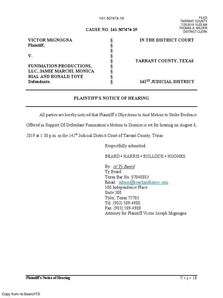 Plaintiff's Objections To and Motion To Strike Evidence Offered in ...