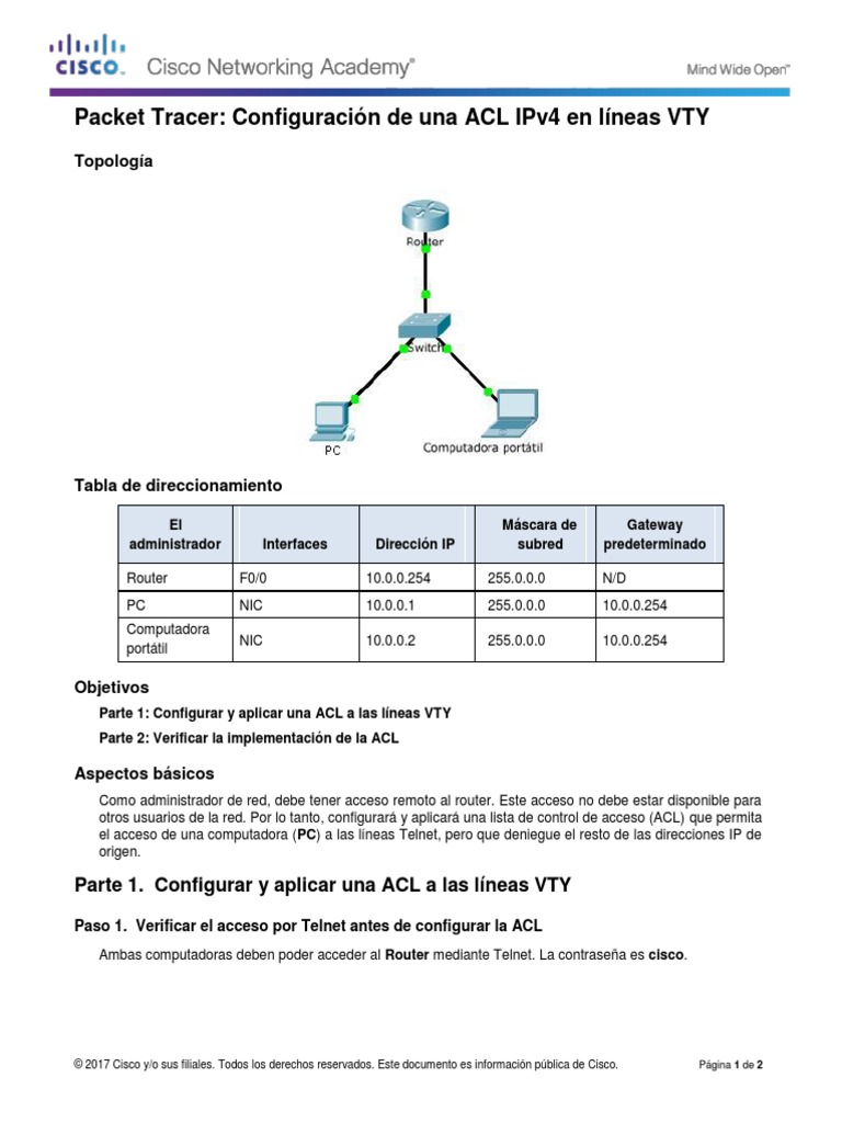 7.2.3.3 Packet Tracer Configuring an IPv4 ACL on VTY Lines Instructions ...