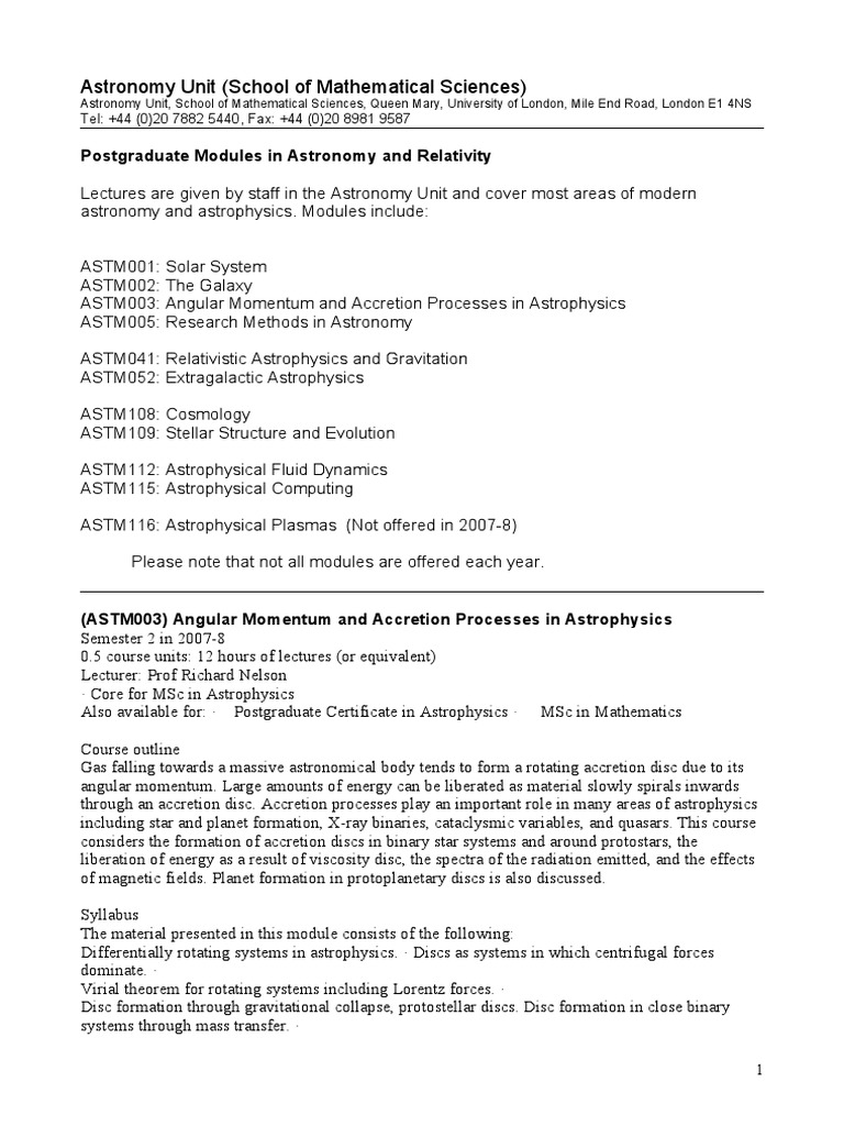 Astronomy Unit (School of Mathematical Sciences) : Postgraduate Modules ...