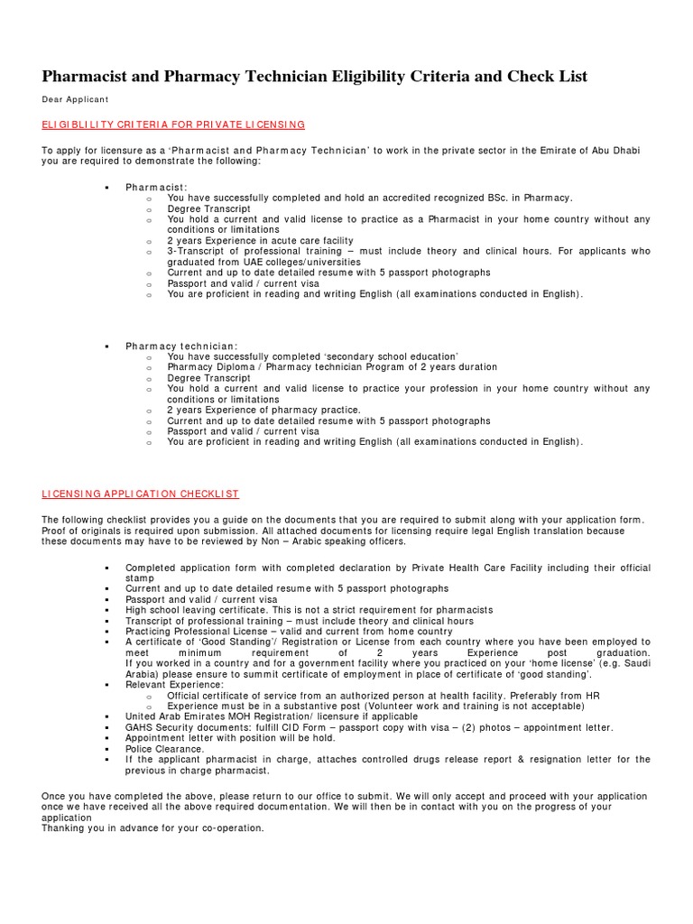 Pharmacist and Pharmacy Technician Eligibility Criteria and CheckList ...