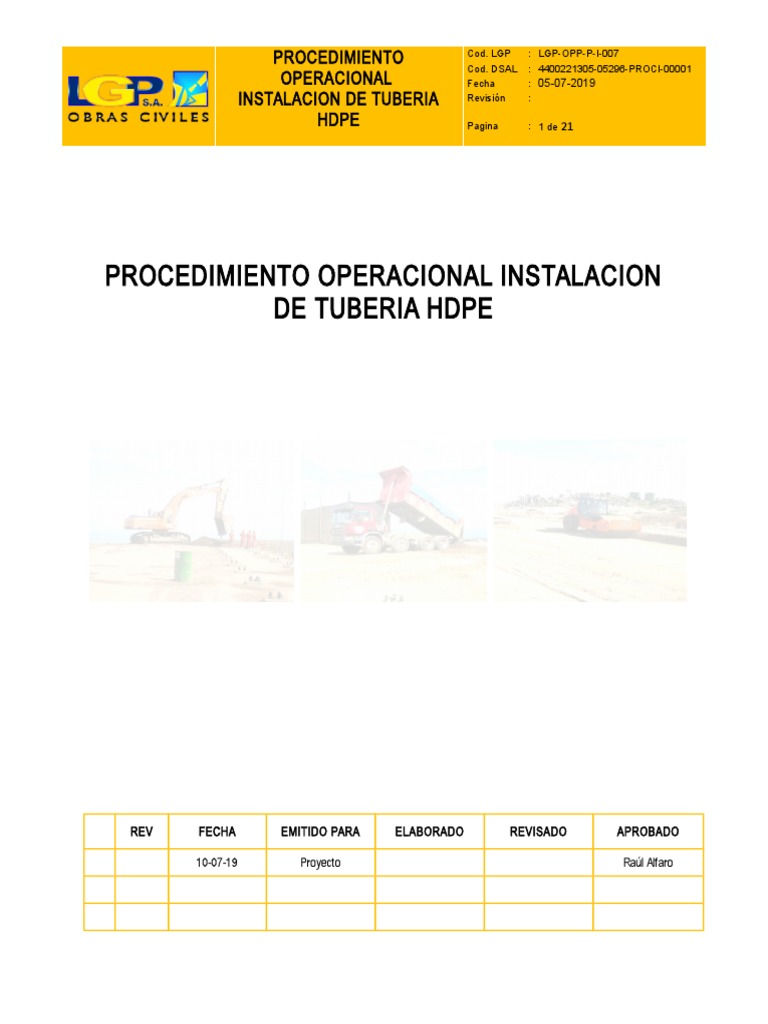 1 Procedimiento Tuberia HDPE | PDF | Seguridad y salud ocupacional | Tubería (transporte de fluidos)