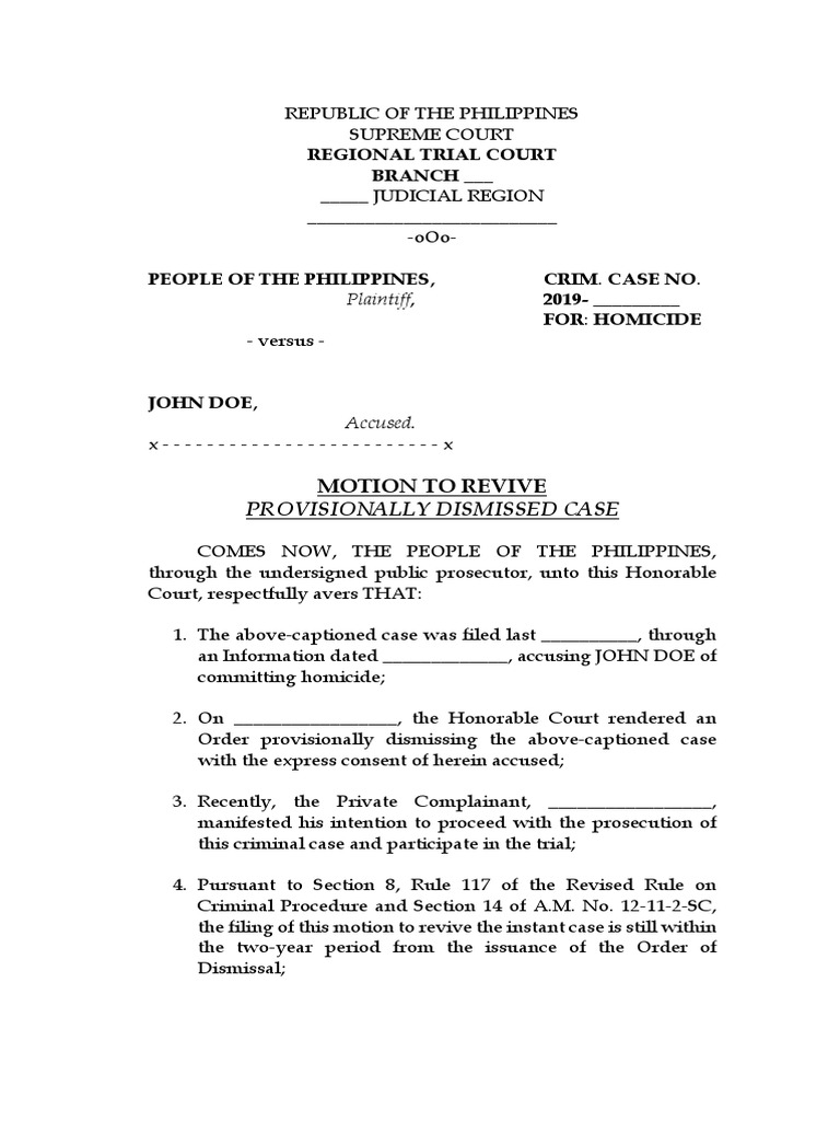 Motion To Revive (Sample) | Download Free PDF | Criminal Procedure In ...