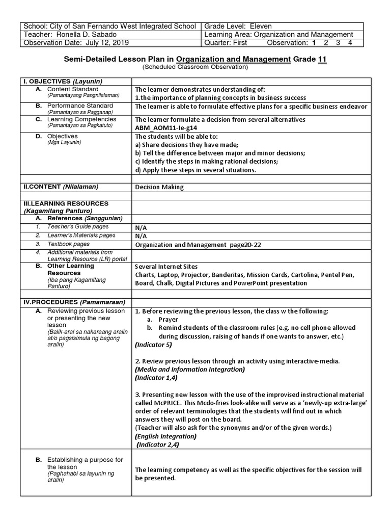 Semi-Detailed Lesson Plan in Organization and Management Grade 11 | PDF ...