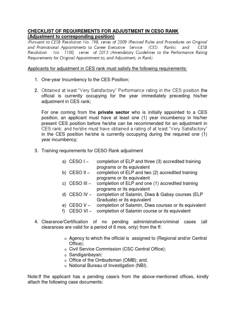 Checklist of Requirements For Adjustment in Ceso Rank (Adjustment To ...