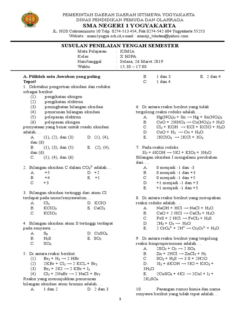 1819 - Soal Pts Kimia Kelas X Sem 2 - Susulan | PDF