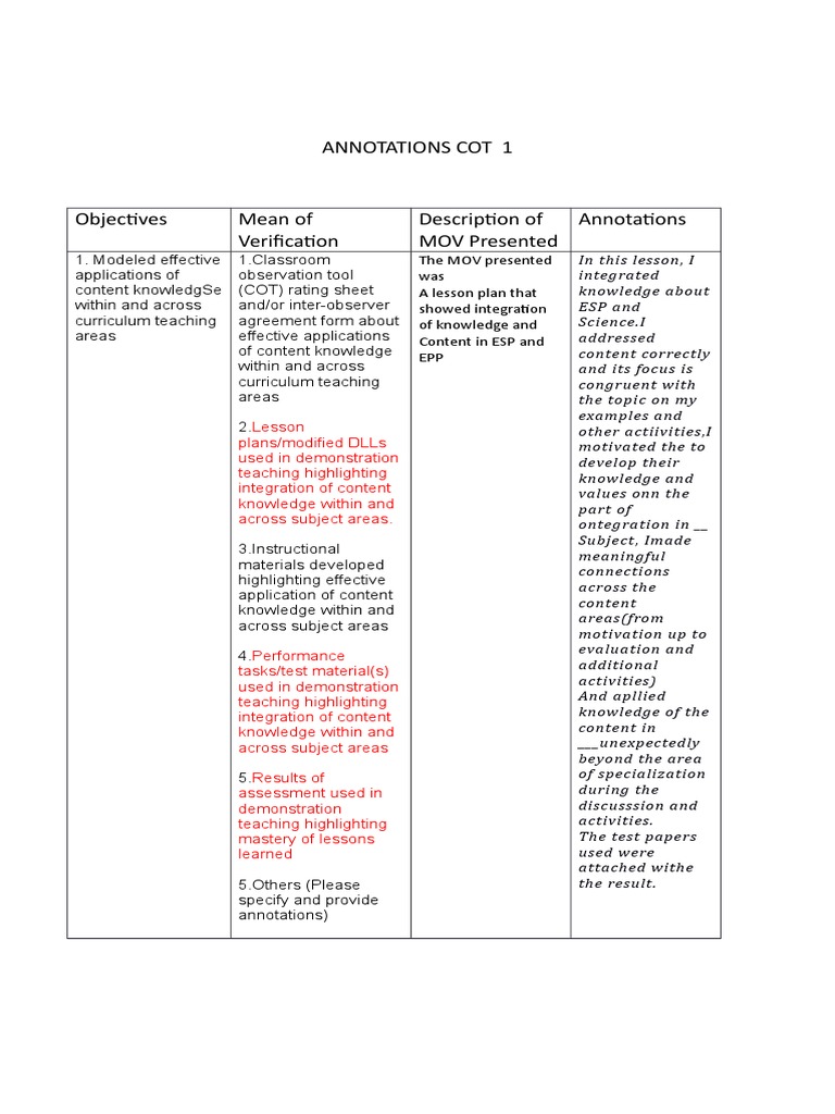 Annotations Cot 1 | PDF | Lesson Plan | Learning