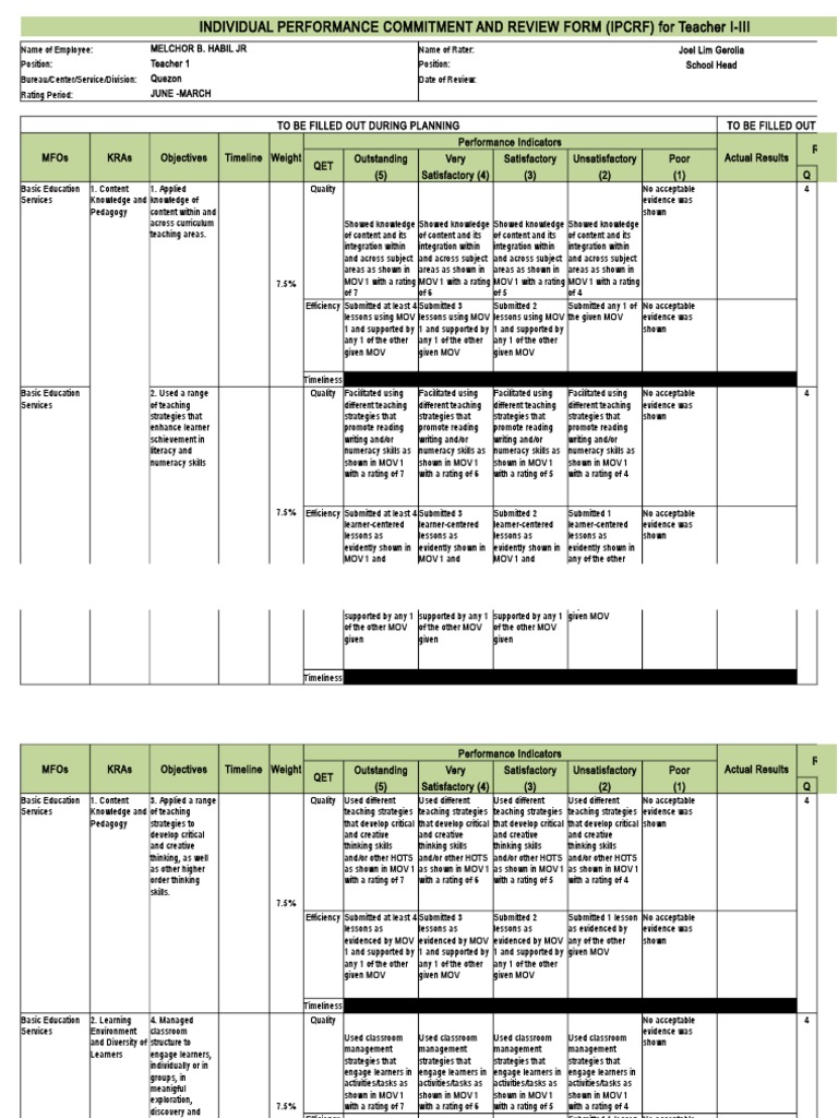 Individual Performance Commitment and Review Form (Ipcrf) For Teacher I ...