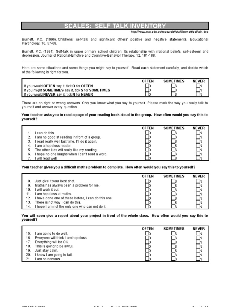 Self Talk Inventory | PDF | Rational Emotive Behavior Therapy | Psychology
