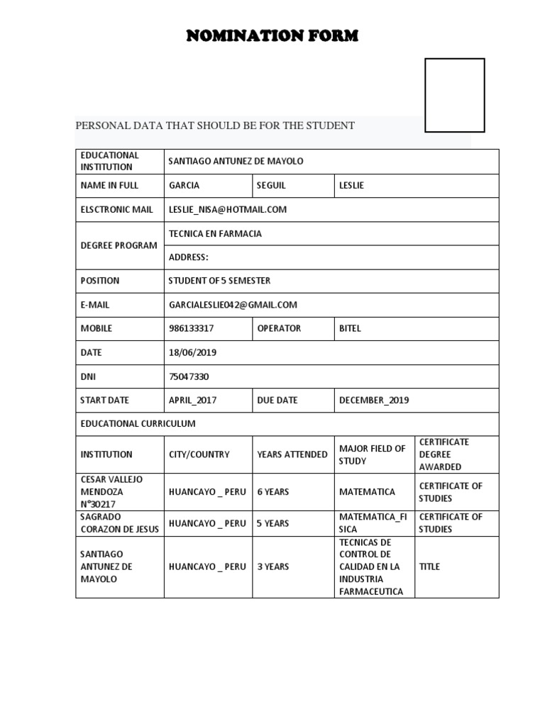 Student Nomination Form for the Degree Program in Pharmacy Technology | PDF