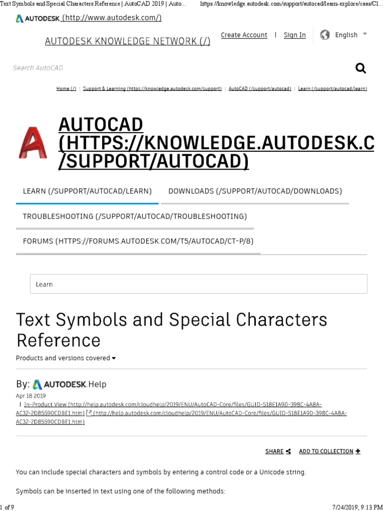 Text Symbols and Special Characters Reference _ AutoCAD 2019 _ Autodesk ...