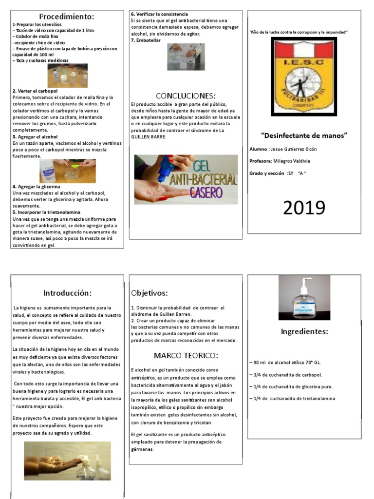 Triptico de Gel Antibacterial | Alcohol | Productos quimicos