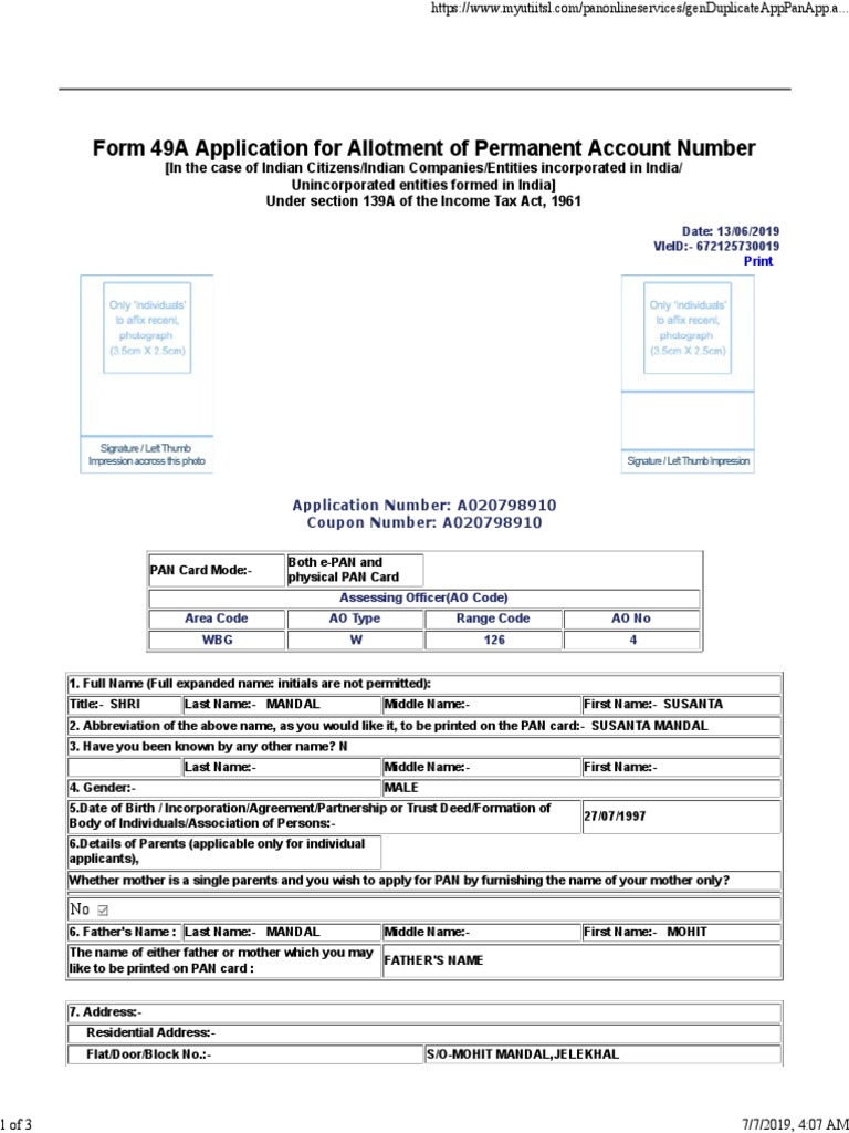 Form 49A Application For Allotment of Permanent Account Number | PDF ...