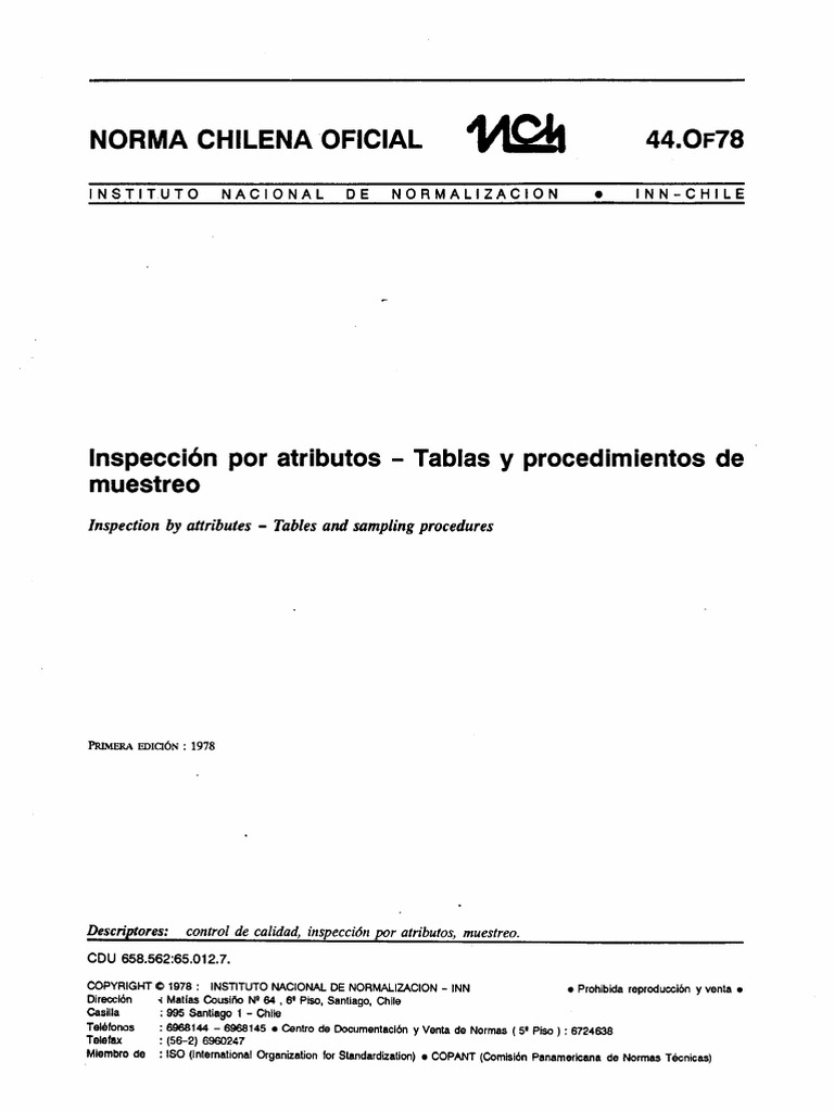 NCH 44 OF1978 Inspección Por Atributos-Tablas y Procedimientos de Muestreo PDF | PDF