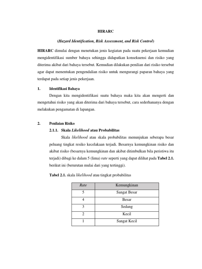 HIRARC (Hazard Identification, Risk Assessment, and Risk Control) | PDF