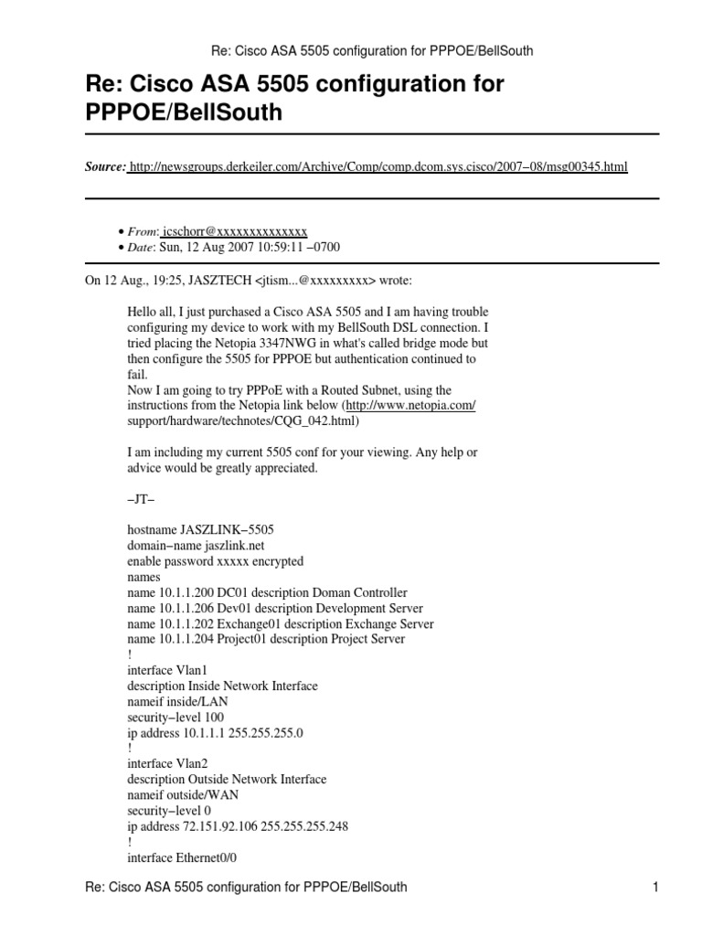 Cisco ASA 5505 Configuration For PPPOE | PDF | Internet Architecture ...