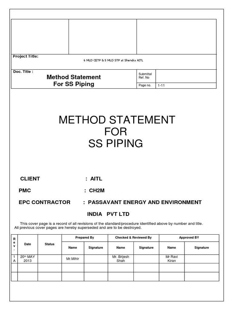 SS Piping Method Statement Overview | PDF | Pipe (Fluid Conveyance ...