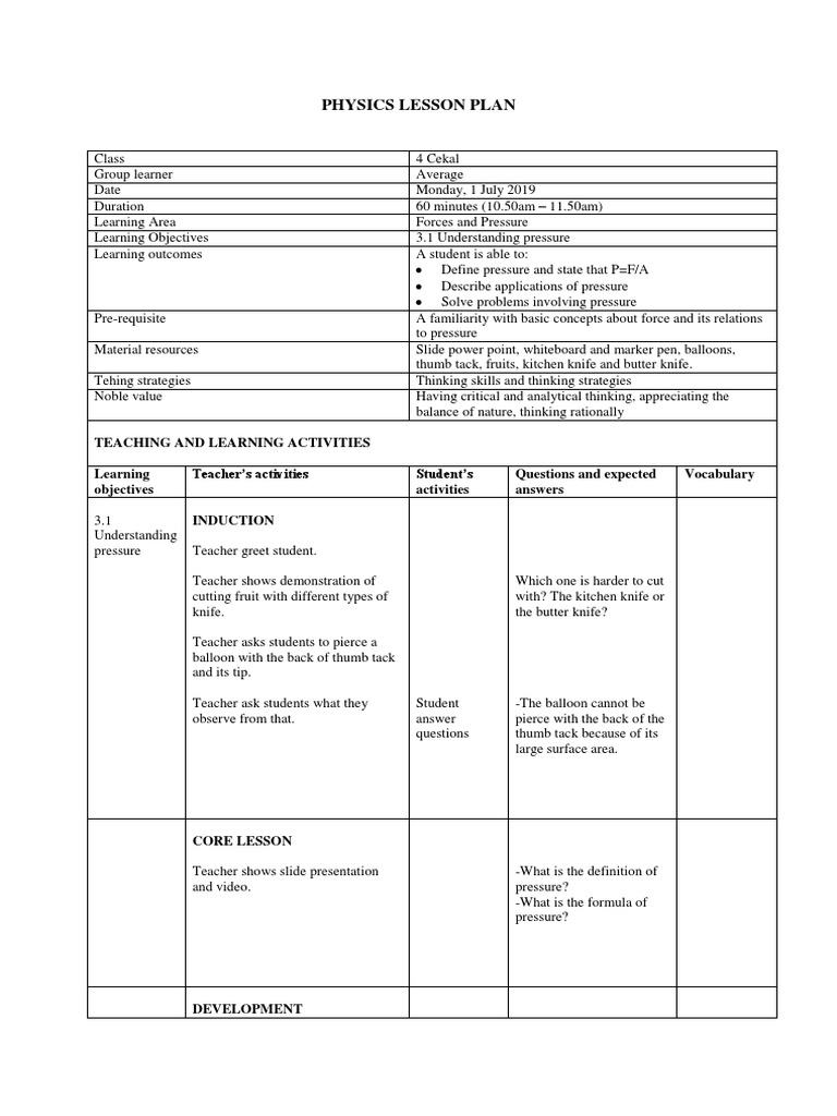 Physics Lesson Plan: Forces & Pressure | PDF | Lesson Plan | Learning