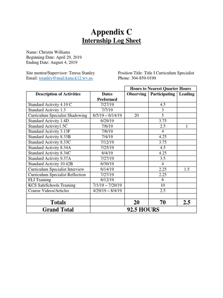 Appendix C: Internship Log Sheet | PDF