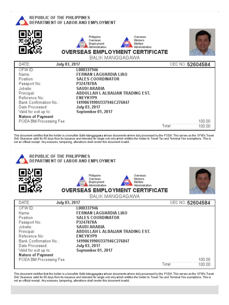 Poea Oec Printing | PDF | Government And Personhood | Economies