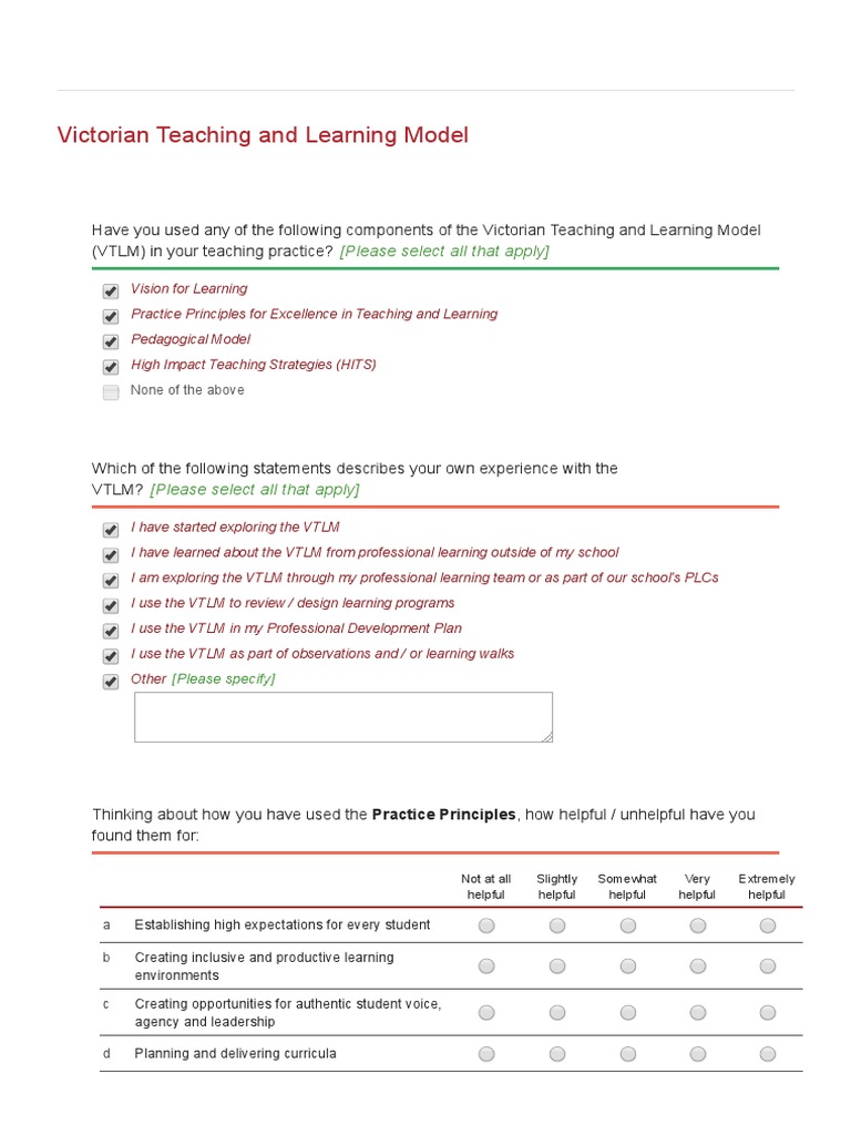 Victorian Teaching and Learning Model: (Please Select All That Apply ...